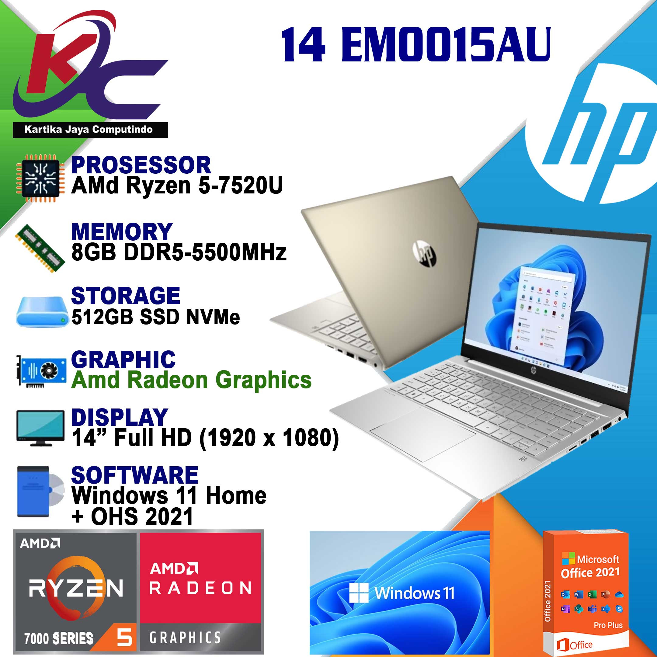 Kartika Komputer | HP 14-EM0015AU R5-7520U/ 8GB/ SSD512/ W11 OHS SILVER