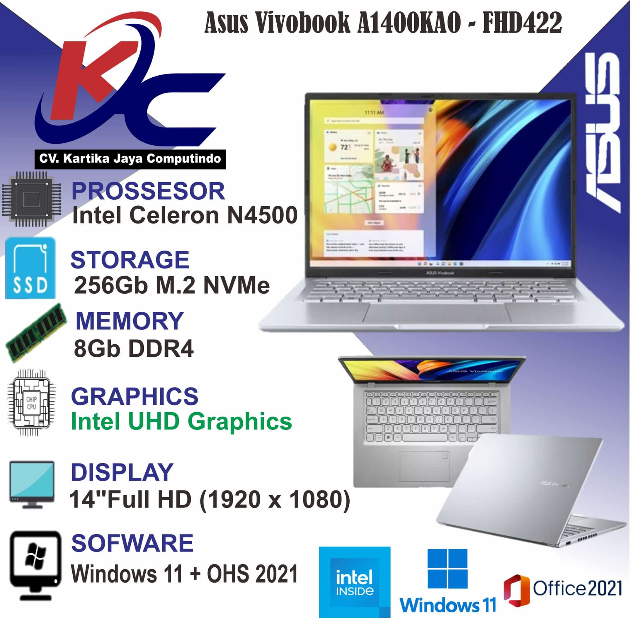 Kartika Komputer | ASUS A1400KA-FHD422 N4500/ 4GB/ SSD256/ W11 OHS SILVER
