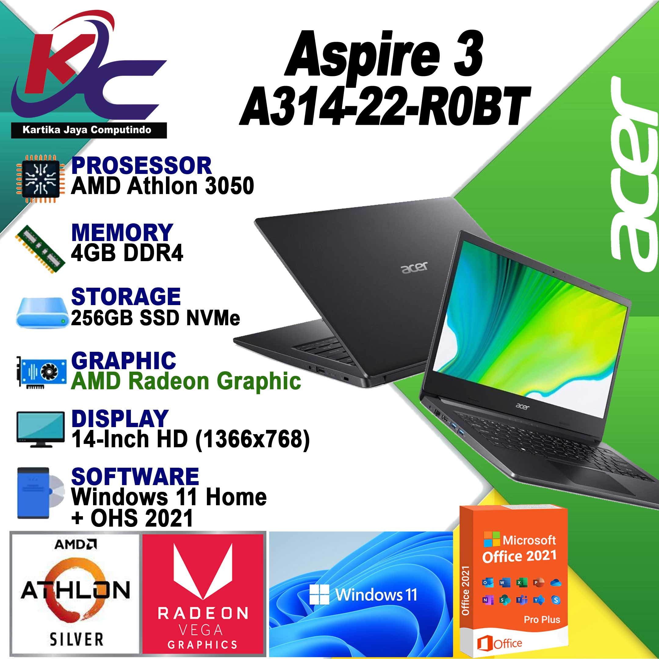 Kartika Komputer | ACER A314-R0BT A3050/ 4GB/ SSD256/ W11OHS BLACK