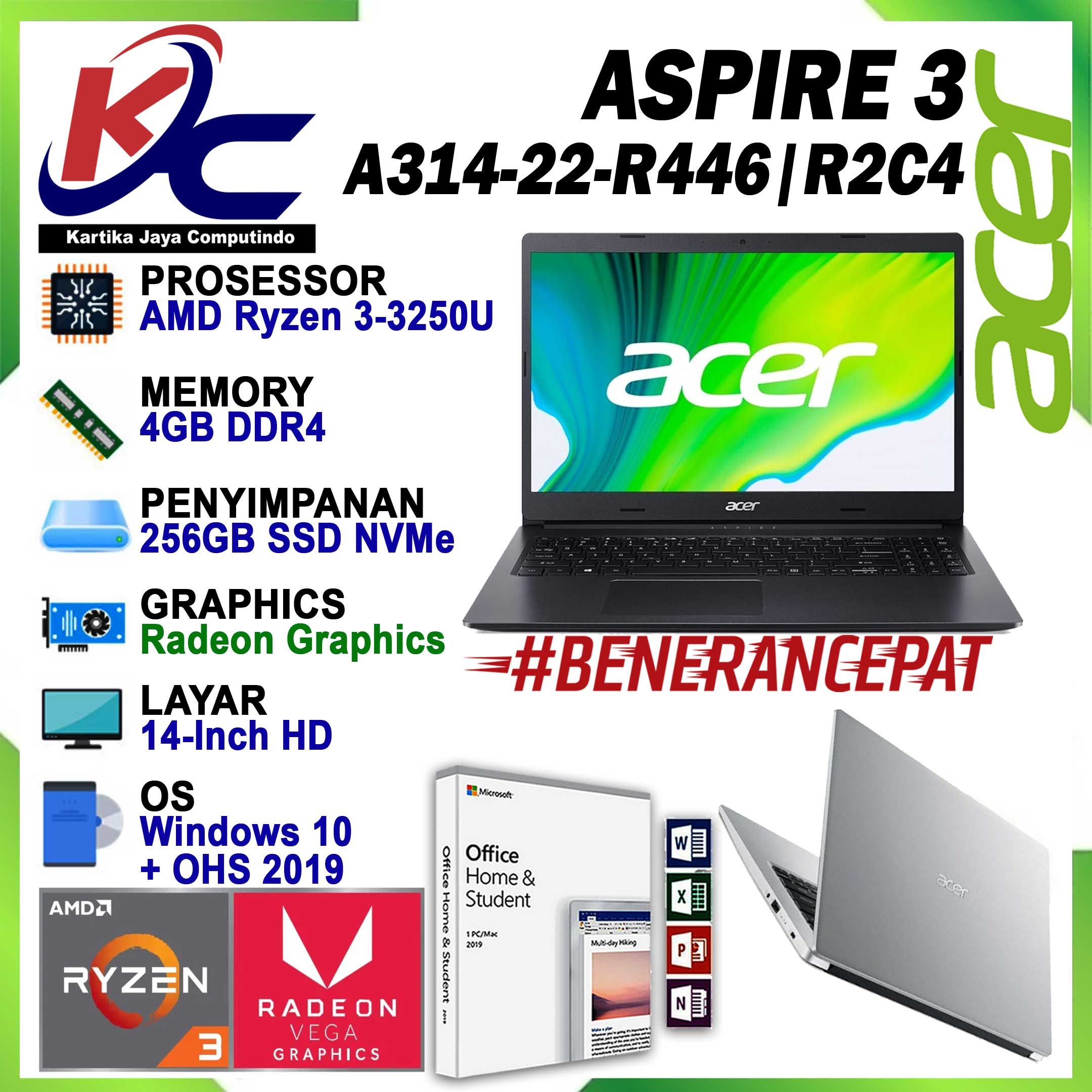 Kartika Komputer | ACER A314-22-R2C4 R3/4GB/SSD256/W10+OHS SILVER