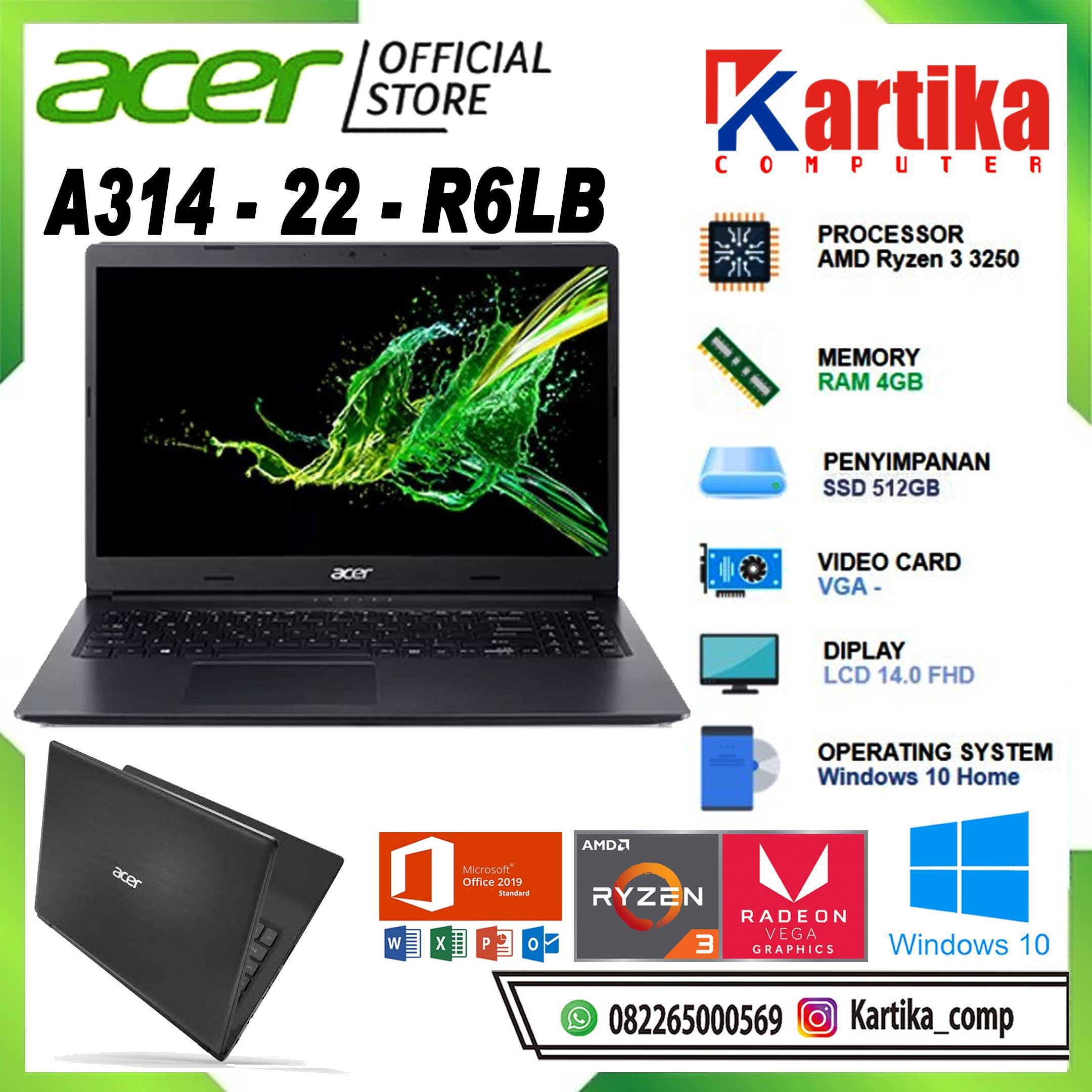 Kartika Komputer | ACER A314-22-R6LB R3 /4GB /SSD512 /W10+OHS BLACK