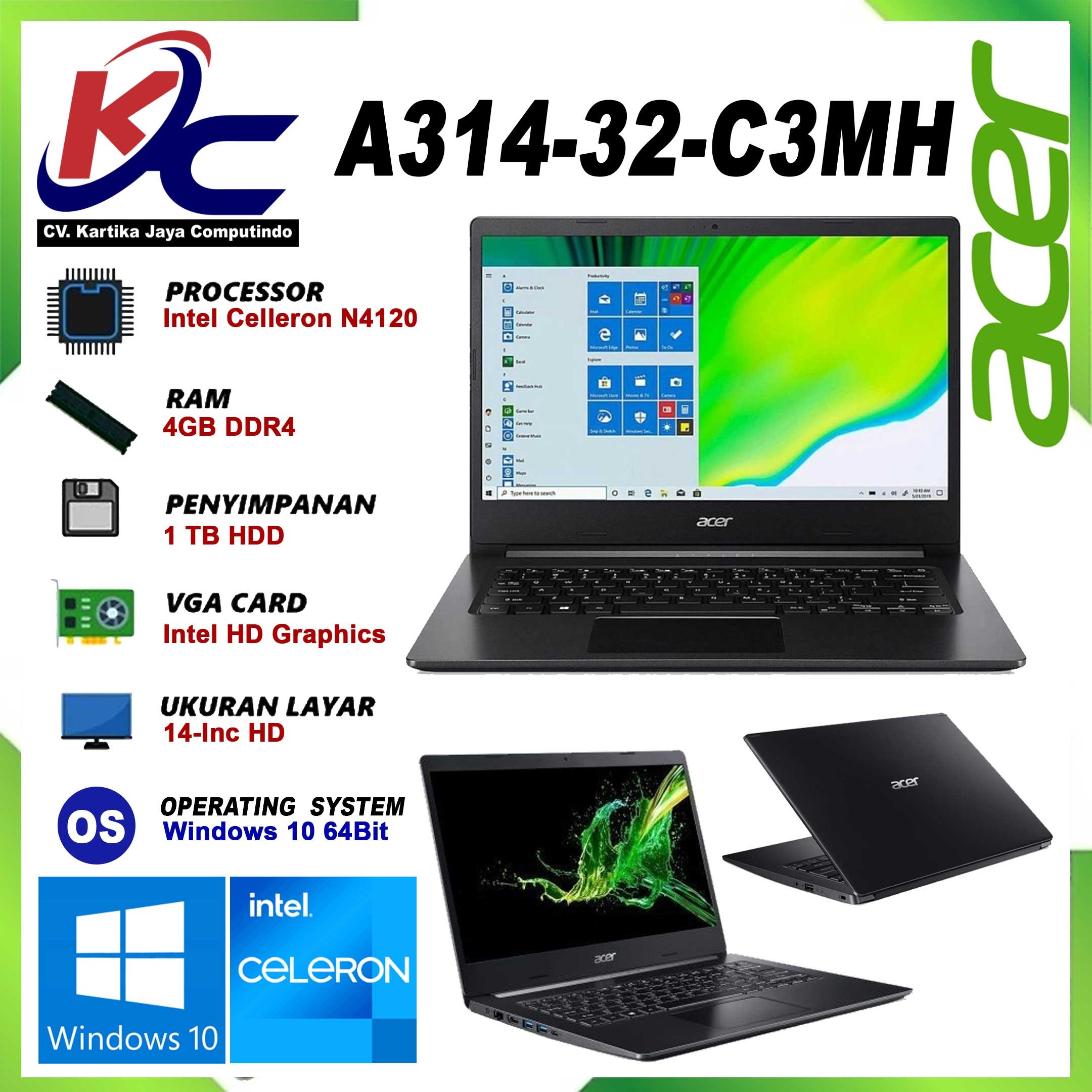 Kartika Komputer | ACER A314-32-C3MH N4120/4/1TB/W10+OHS BLACK