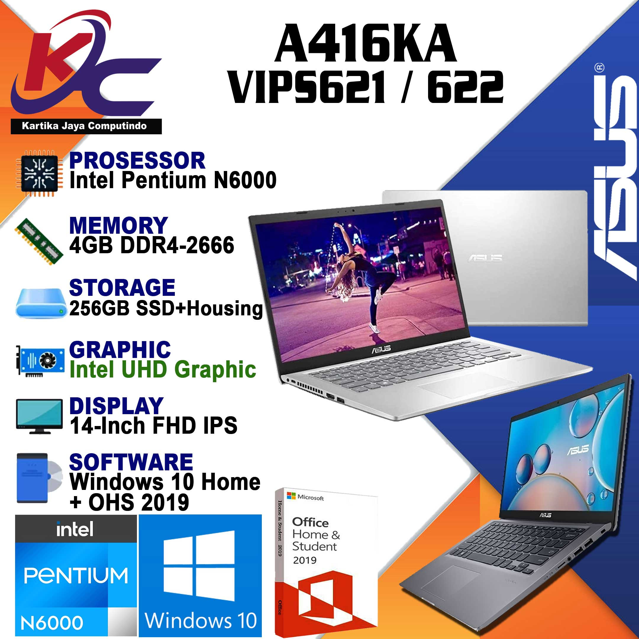 Kartika Komputer | ASUS A416KA-VIPS621 N6000/ 4GB/ SSD256/ W10 OHS SILVER
