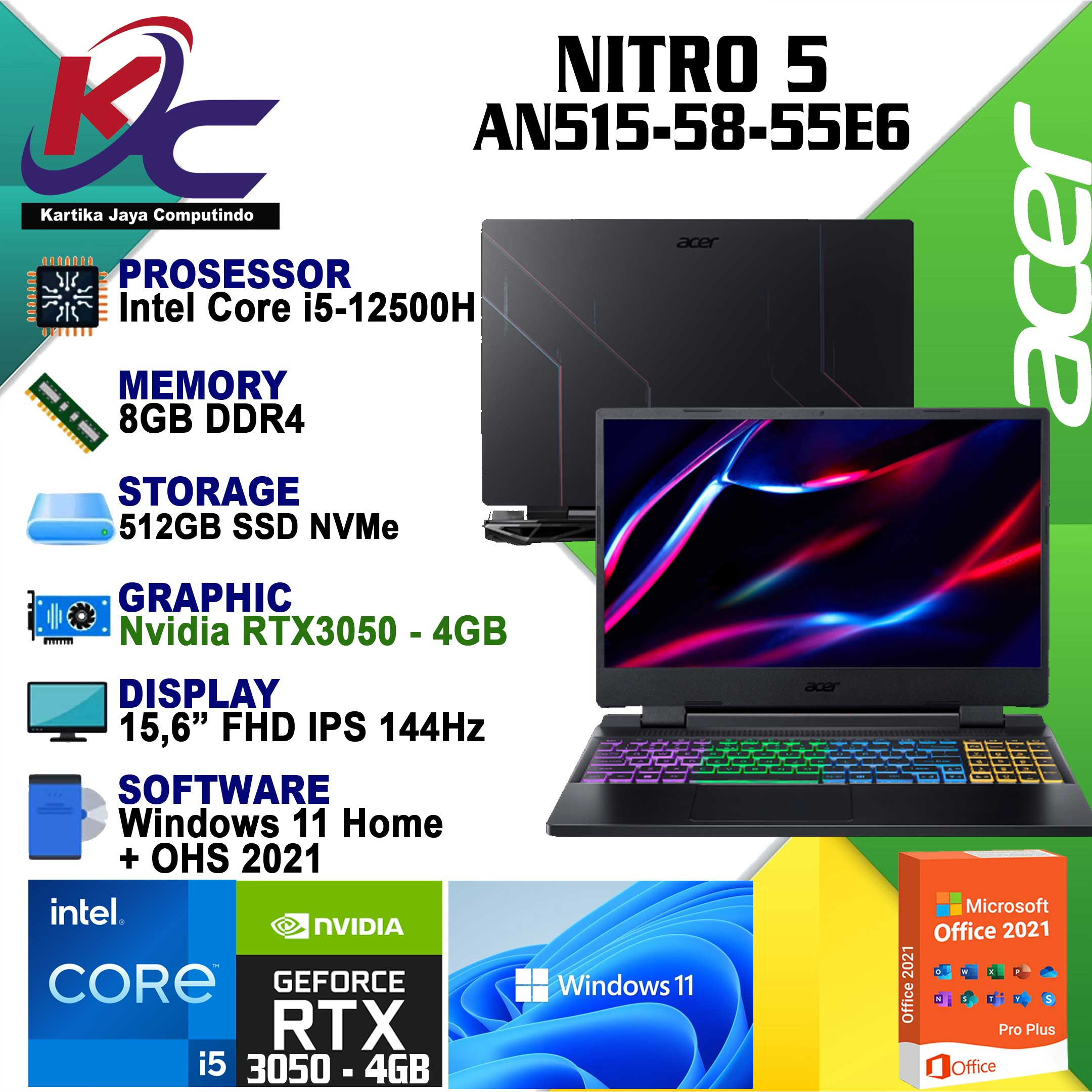 Kartika Komputer | ACER AN515-58-55E6 I5-12500H/ 8GB/ SSD512/ RTX3050 ...