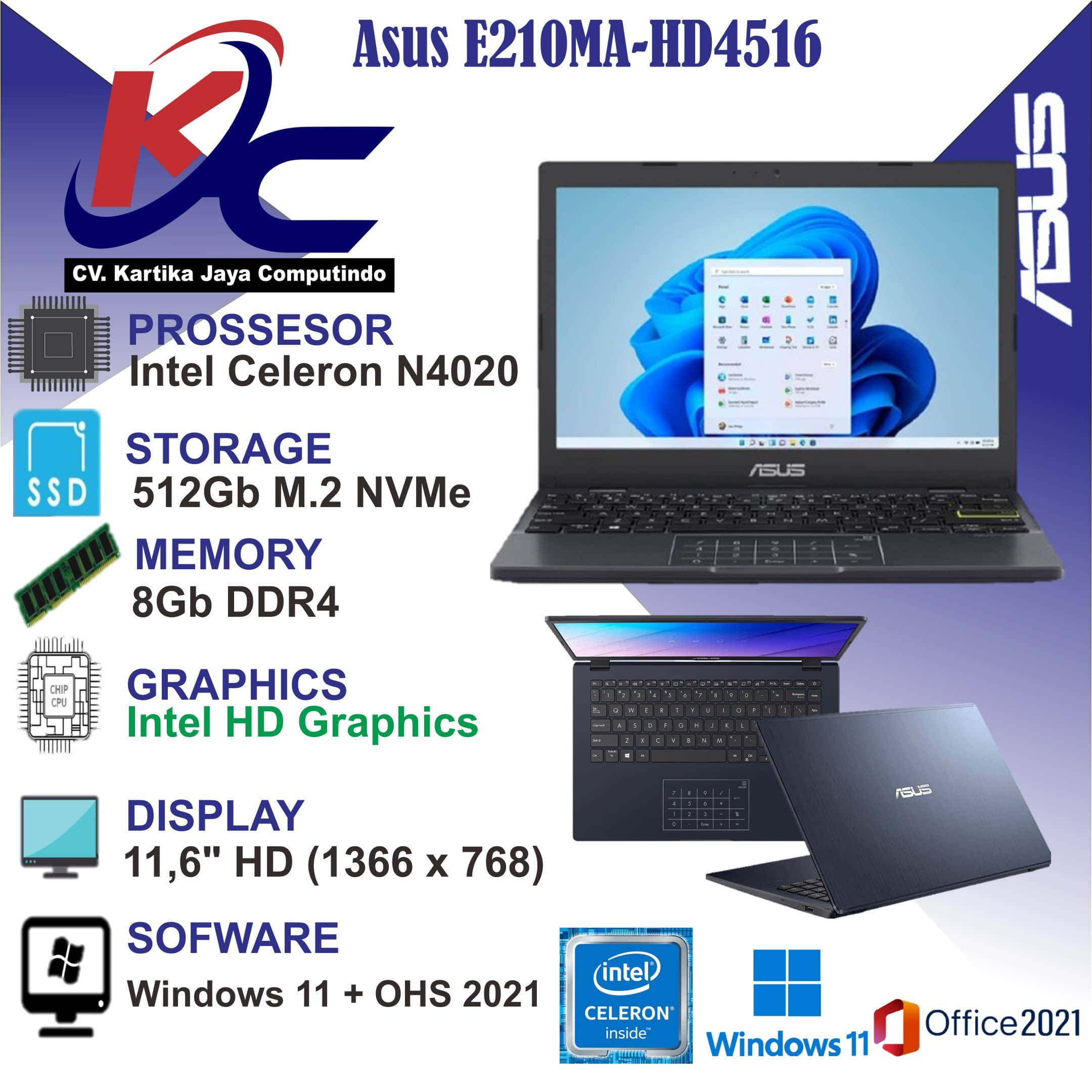 Kartika Komputer | ASUS E210MAO - HD4516 N4020/ 8GB/ SSD512/ W11 BLACK