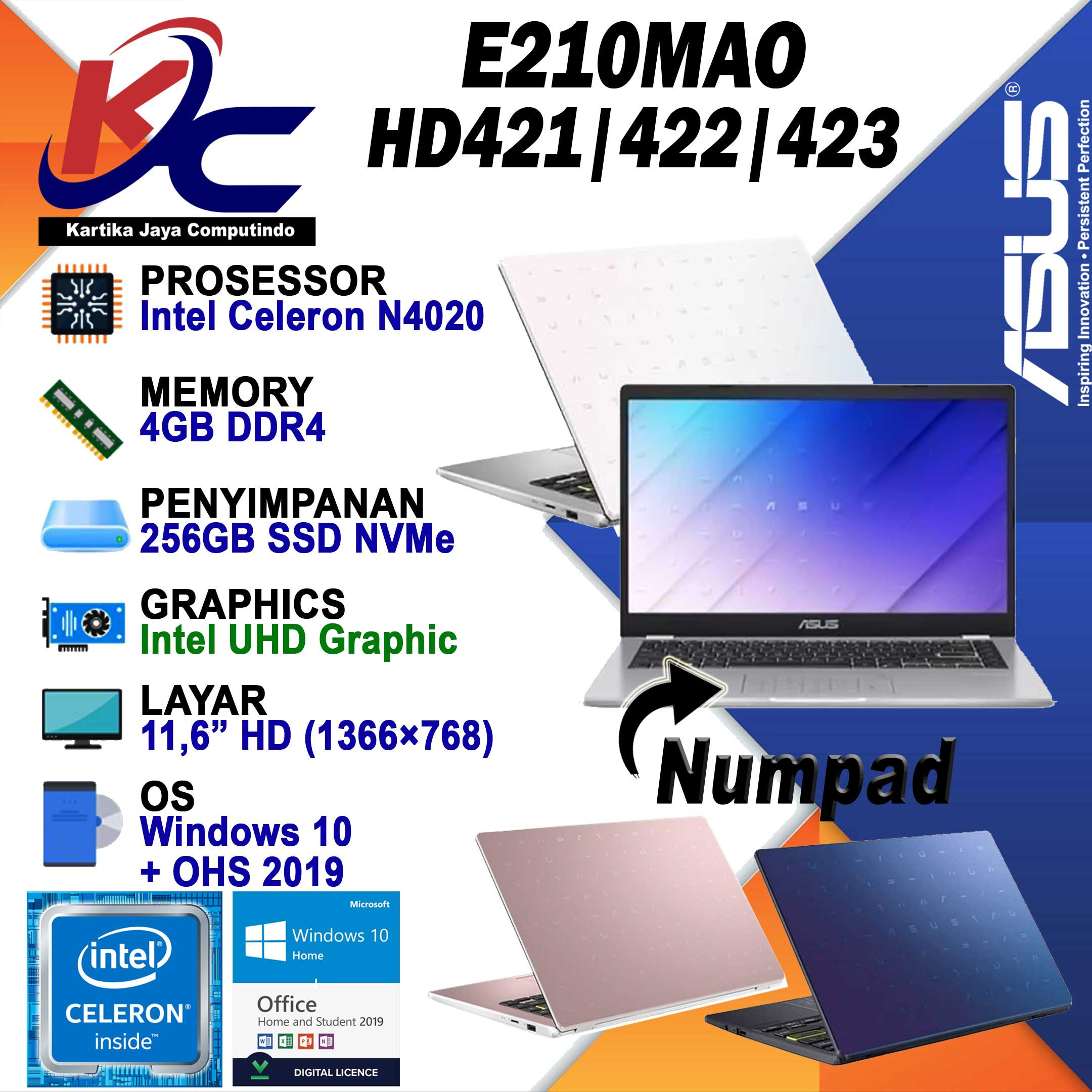 Kartika Komputer | ASUS E210MAO - HD421 N4020/ 4GB/ SSD256/ WOHS BLUE