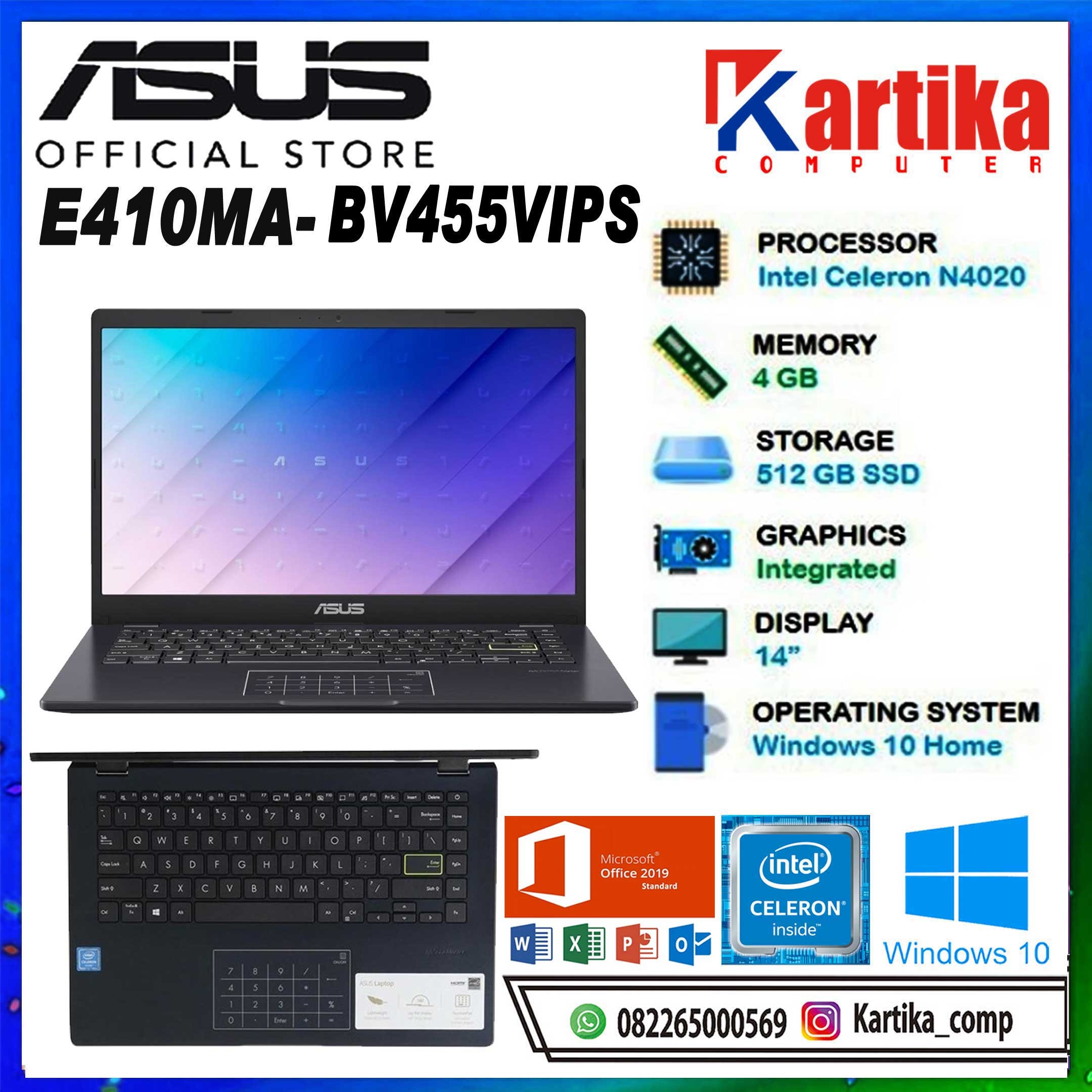 Kartika Komputer | ASUS E410MA-BV455VIPS N4020 4GB 512 W10 OHS BLACK