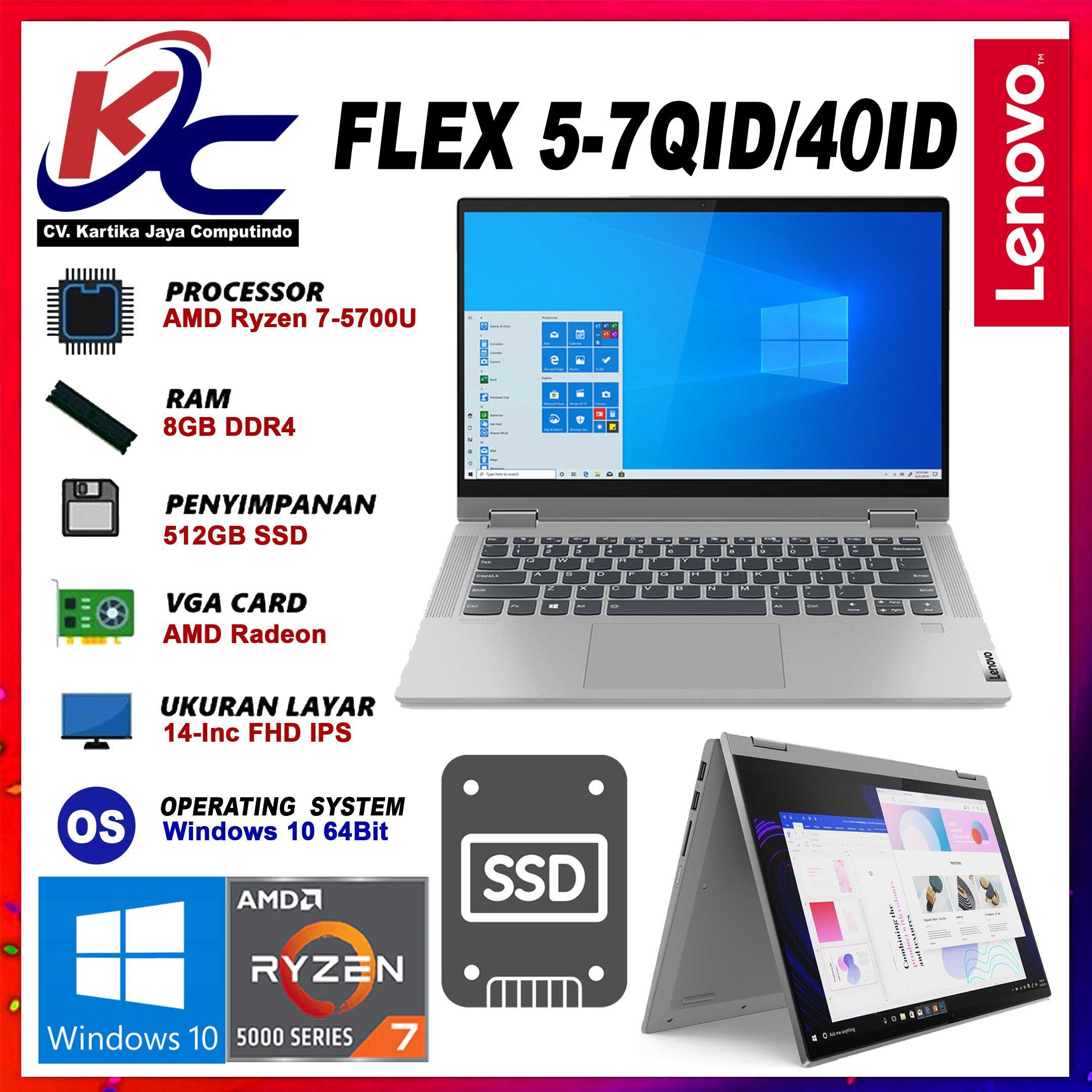 Kartika Komputer | LENOVO FLEX 5 - 40ID R7 /8GB /SSD512 /FHD /W10+OHS BLUE