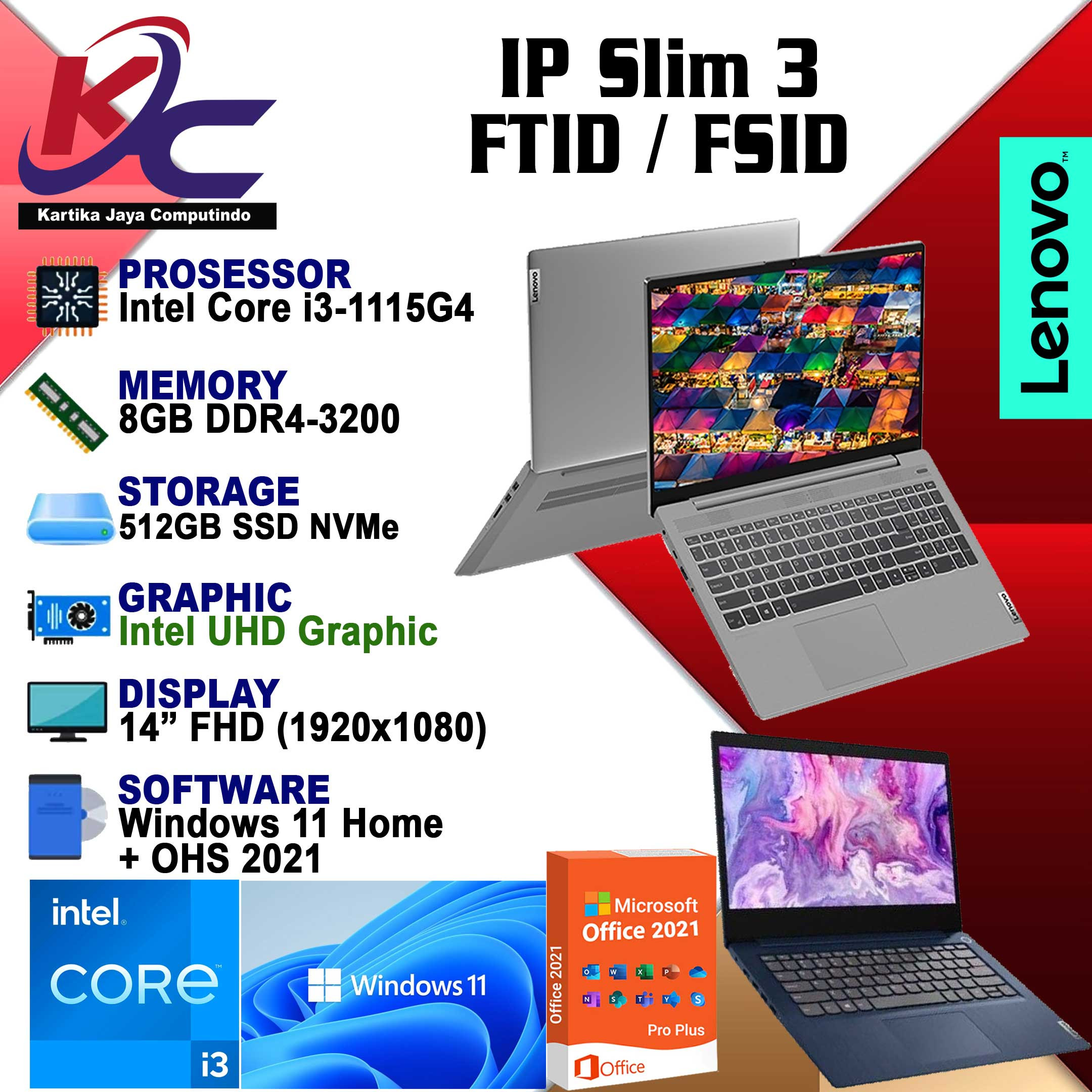 Kartika Komputer | LENOVO IP 3 - FTID I3-1115G4/ 8GB/ SSD512/ W11OHS ARTICH GREY