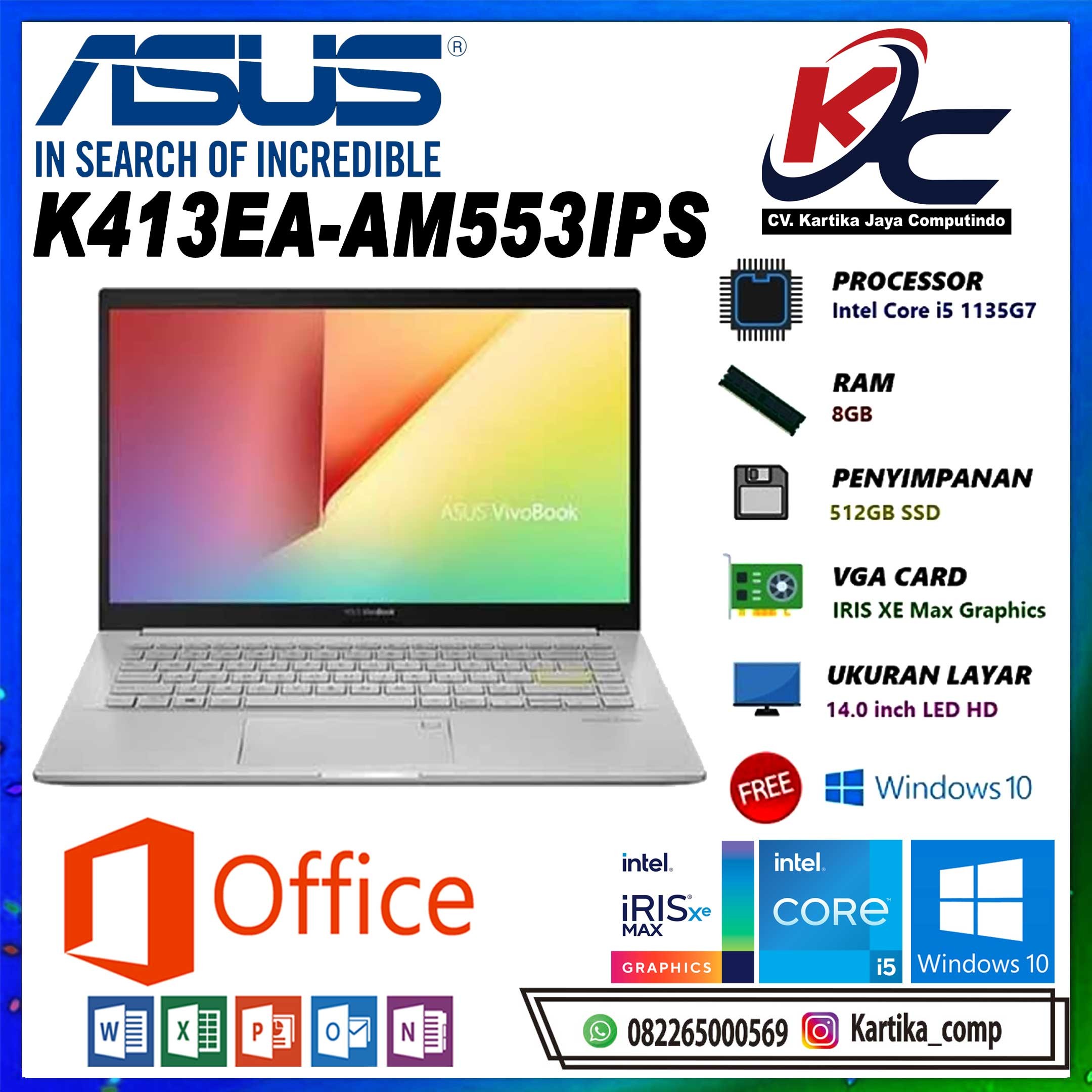 Kartika Komputer | ASUS K413EA-AM553IPS I5- 1135G7/ 8GB/ 512GB/ WOHS SILVER