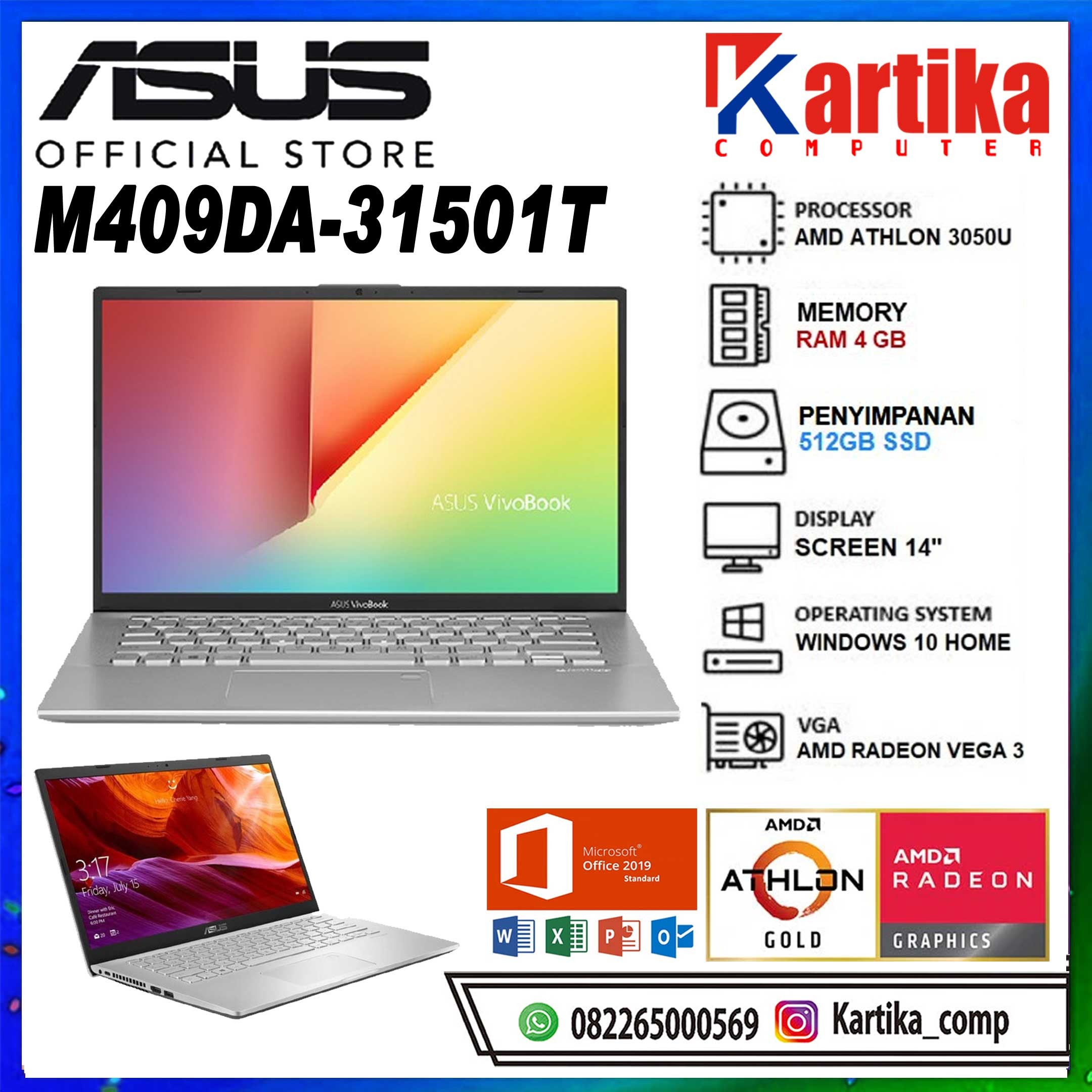 Kartika Komputer | ASUS M409DA-31501T ATHLON/4GB/SSD512/W10+OHS SILVER