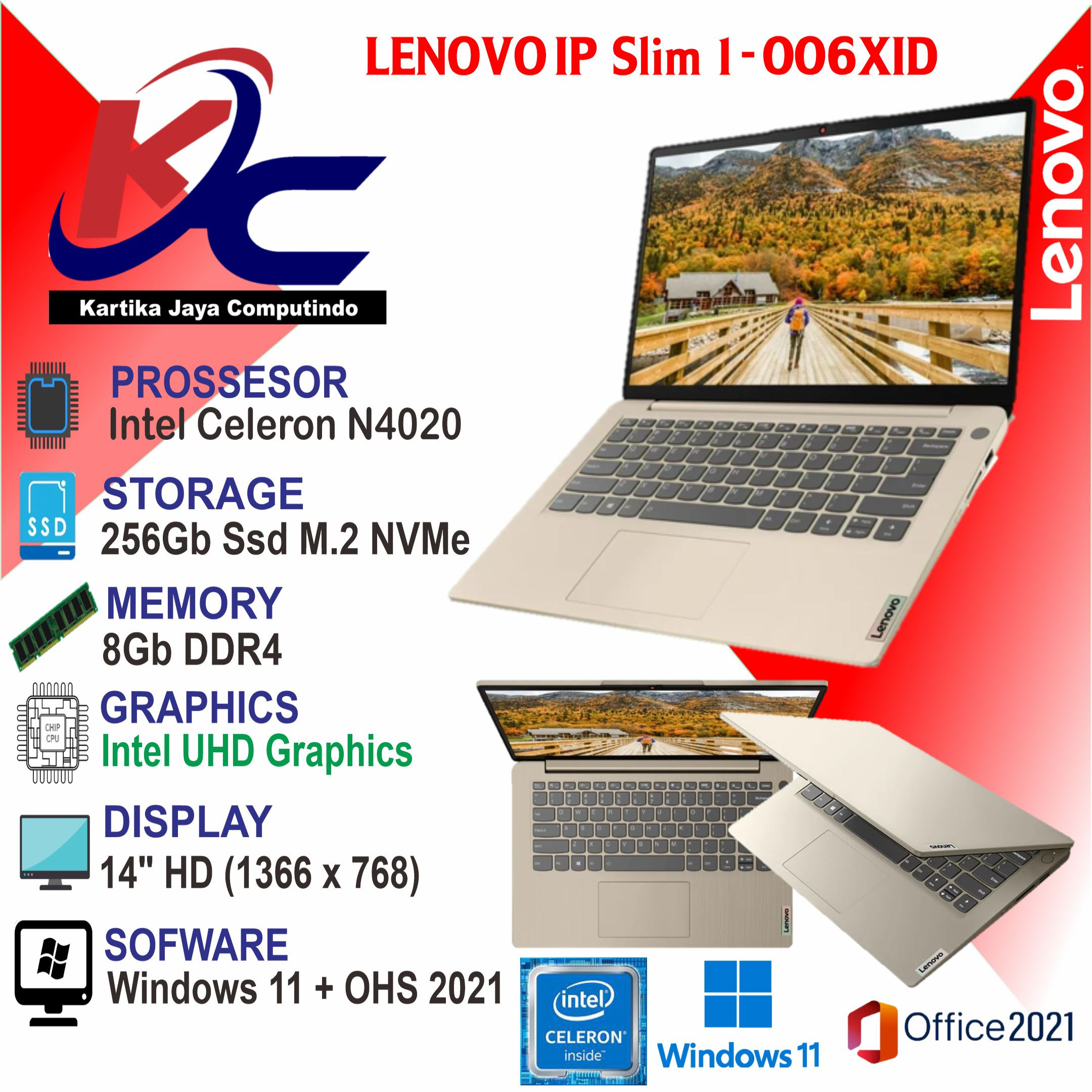 Kartika Komputer | LENOVO IP1- 006XID N4020/ 8GB/ 256GB/ 14HD/ W11 OHS SAND