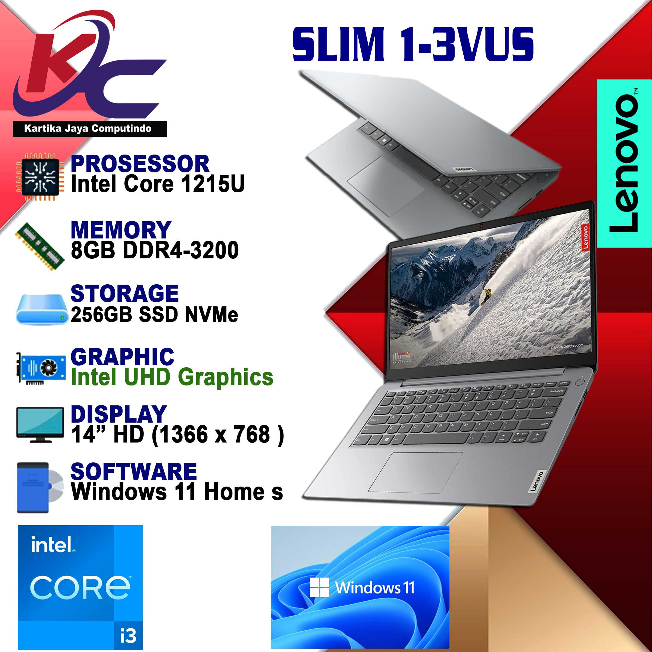 Kartika Komputer | LENOVO IP 1 - 3VUS I3-1215U/ 4GB/ SSD 256GB/ W11 GREY