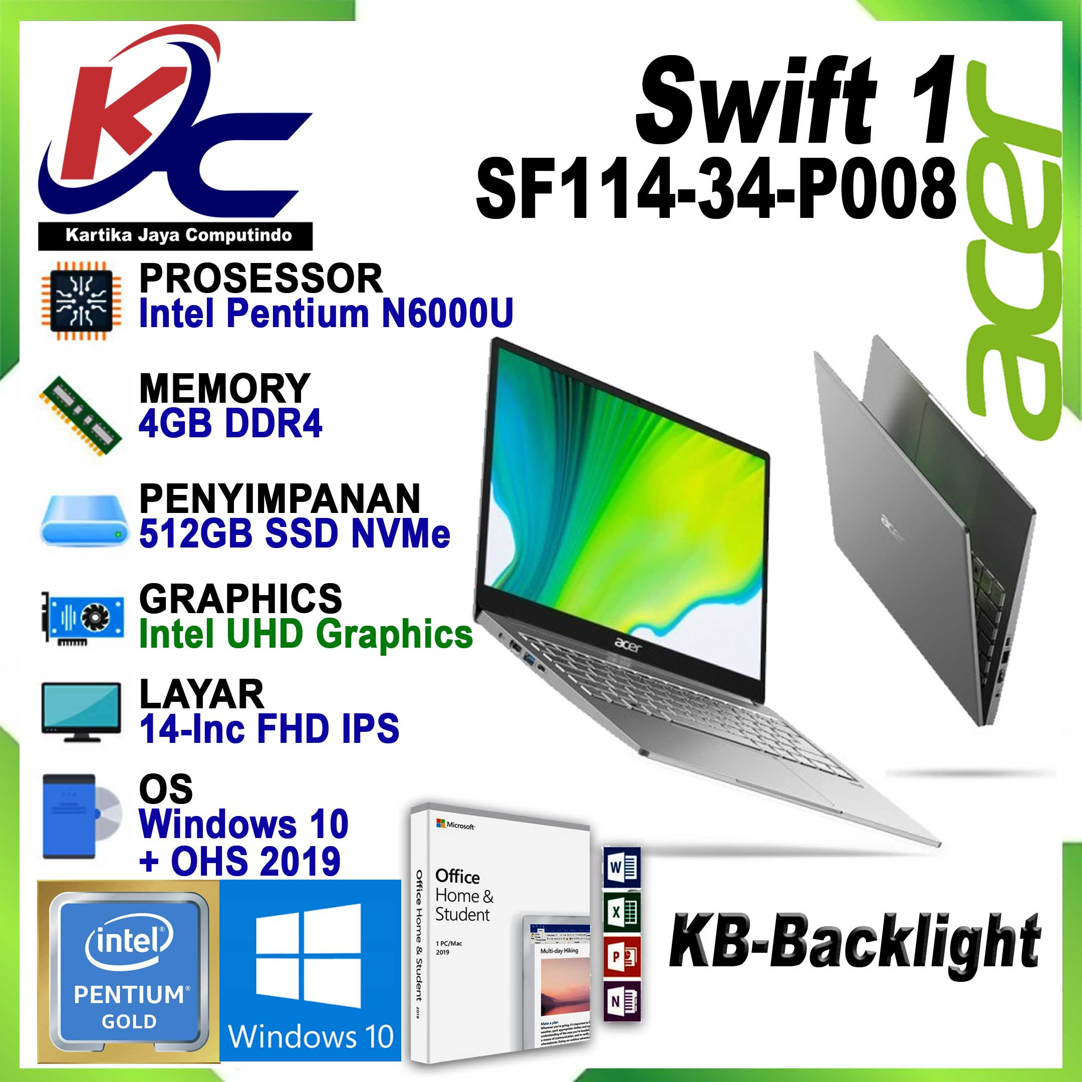 Kartika Komputer | ACER SWIFT SF114-34-P008 N6000/ 4GB/ SSD512/ WOHS SILVER