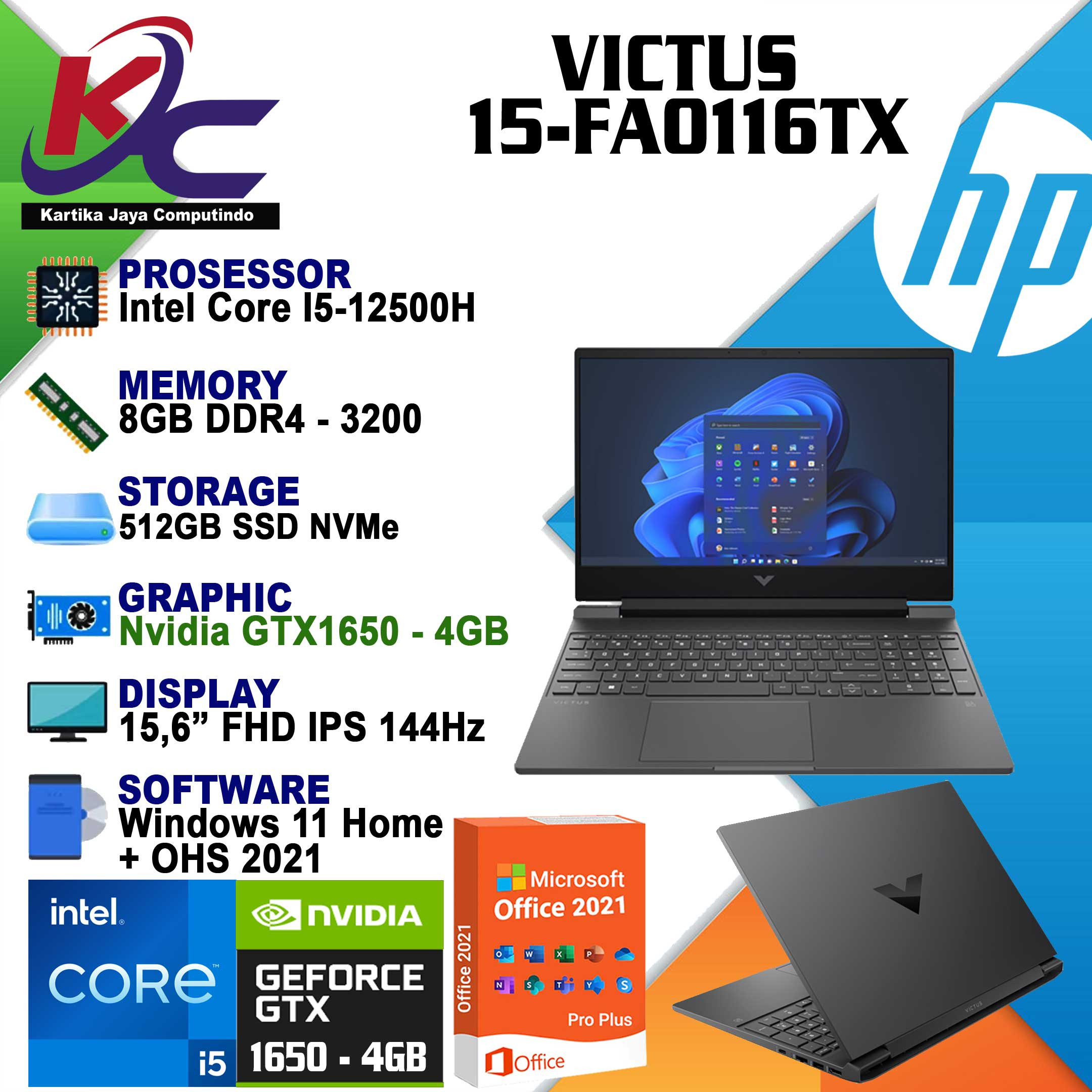 Kartika Komputer | HP VICTUS 15-FA0116TX I5-12500H/ 8GB/ SSD512/ GTX1650/ W11 OHS SILVER